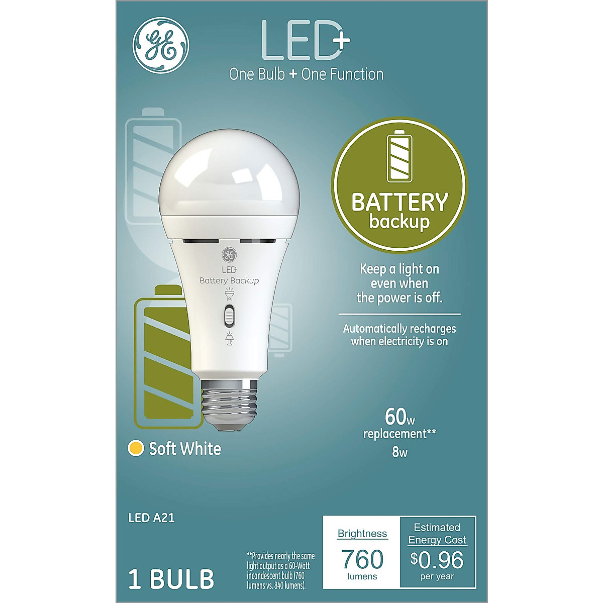 GE Lighting LED+ Backup Battery Light Bulb, Rechargeable, Soft White, Medium Base (1 Pack)