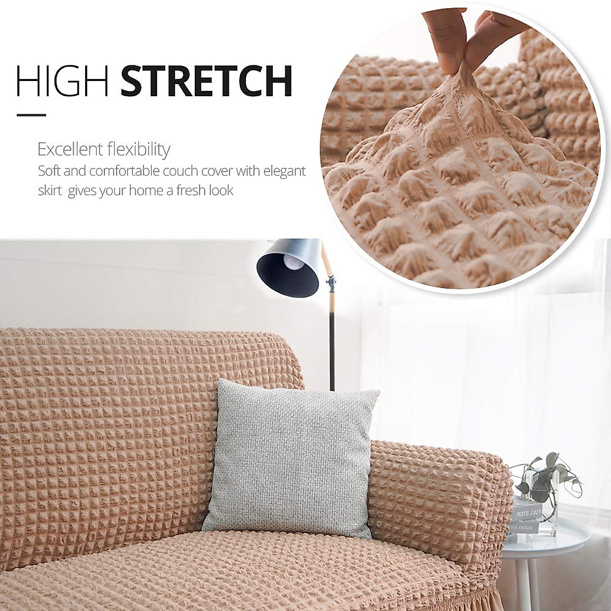 NICEEC Loveseat Slipcover Khaki Loveseat Cover 1 Piece Easy Fitted Sofa Couch Cover Universal High Stretch Durable Furniture Protector Love Seat with Skirt Country Style (2 Seater Khaki)