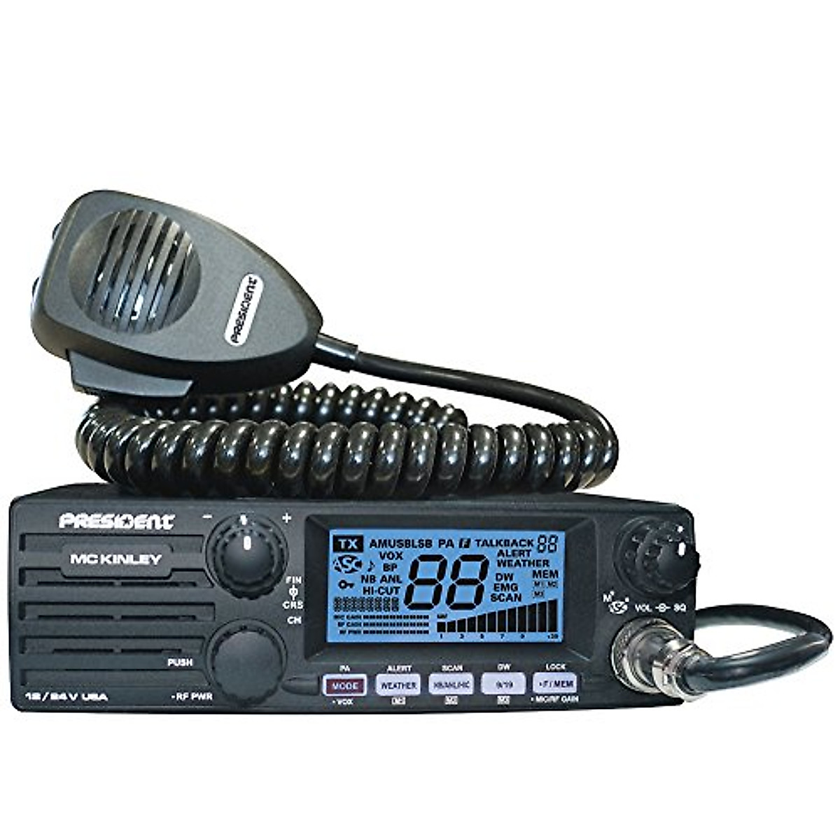President Electronics MC Kinley USA Hm AM/SSB Tranceiver CB Radio, 40 Channels, 7 Weather Channels, Channel Rotary Switch, Volume Adjustment and ON/Off, Multi-Functions LCD Display, 12/24V
