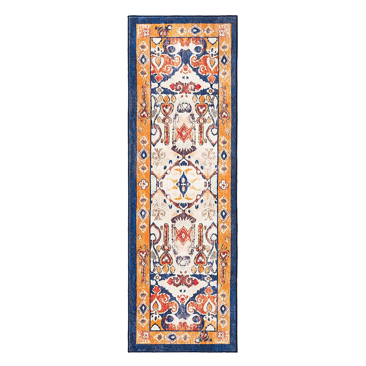 Phantoscope Hallway Runner Rug 2'x6' - Boho Washable Non-Slip Kitchen Rug Runner, Ultra-Thin Vintage Distressed Accent Throw Rug for Entryway Laundry Bathroom Bedroom, Navy/Orange