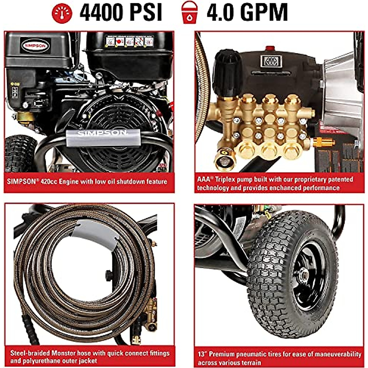 SIMPSON Cleaning PS60843 PowerShot 4400 PSI Gas Pressure Washer, 4.0 GPM, CRX 420cc Engine, Includes Spray Gun and Extension Wand, 5 QC Nozzle Tips, 3/8-inch x 50-foot Monster Hose