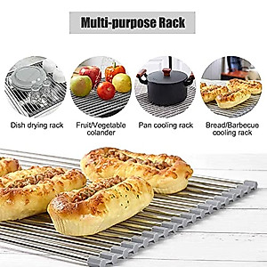 Roll Up Dish Drying Rack, 17" x 15.7 Multipurpose Foldable Sink Drying Rack, Heat-Resistant Anti-Slip Stainless Steel & Silicone Wrapped, for Over the Sink