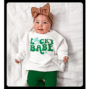 Baby Girl St Patrick's Day Outfit Crewneck Letter Sweatshirt Tops Green Clover Flare Pants Lucky Babe Clothes Toddler (Lucky Baby-White,12-18 Months)