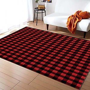 Black and Red Line Buffalo Plaid Area Rug, Red Black Checkered Decorative Rug, Easy Clean Carpet with Anti-Slip Backing for Bedroom Living Room Dining Room Office 5ftx8ft