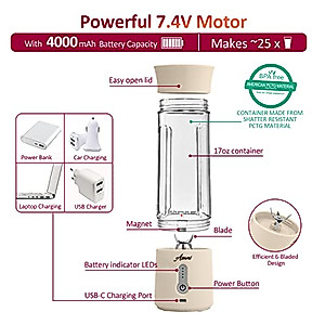 Portable Blender for Shakes and Smoothies, USB Rechargeable Personal Blender, Mini Blender with a 17.6oz Capacity, Strong Stainless-Steel Blades, and Powerful Motor, For Travel, Camping, Gym (Milk)