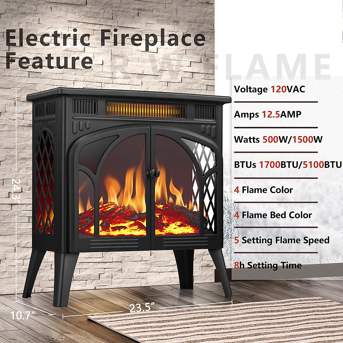 R.W.FLAME Electric Fireplace Heater 25" with Remote Control, Cathedral Stylish, Different Flame Effects and Log Set Colors, Adjustable Brightness and Heating Mode, Overheating Safe Design