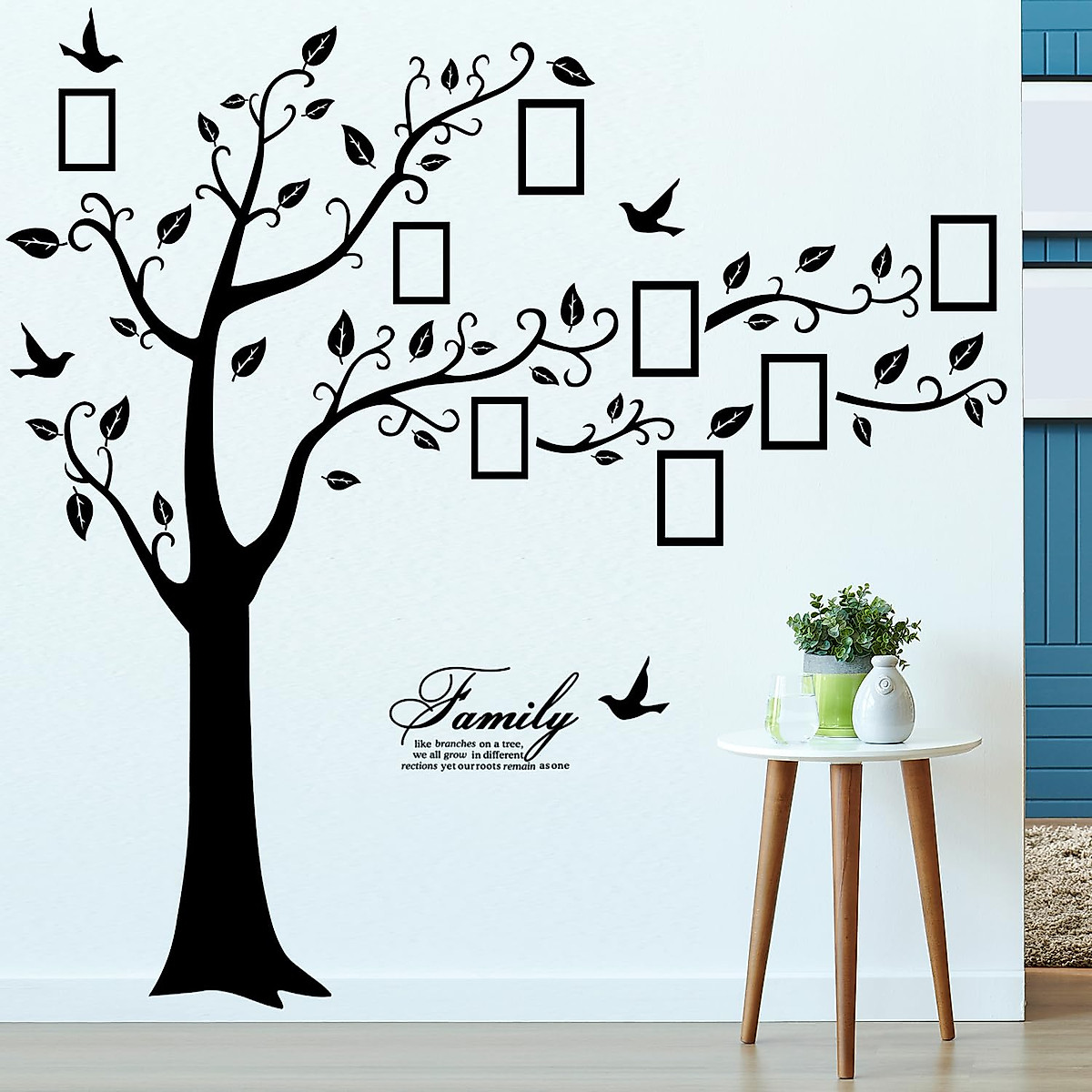 Large Family Photo Tree Wall Sticker 3D Peel and Stick Vinyl Photo Frame Tree Wall Decals Removable Quotes Leaf and Birds Wall Decor for Home Kids Bedroom Living Room Classroom Nursery (Right, Black)