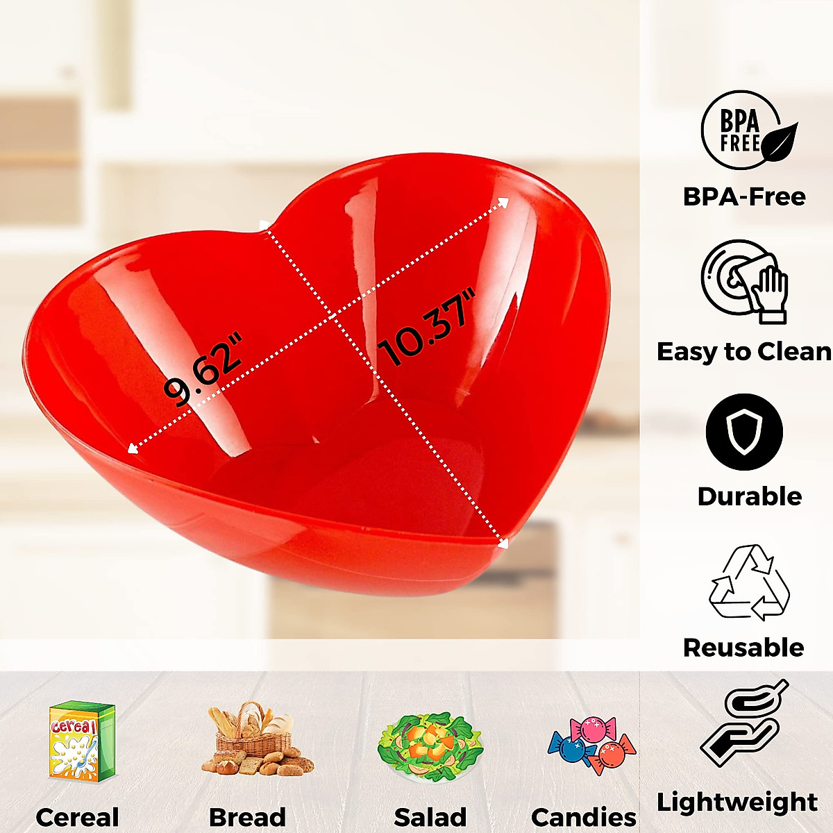 CTMRJ Red Heart Shaped Plastic Bowl for Salad Fruits Dessert Candy Treats Snacks Holder Household Rotating Pot Serving Dish, Multi-Purpose Deep Tableware Bowls for Home Kitchen Cooking Gift