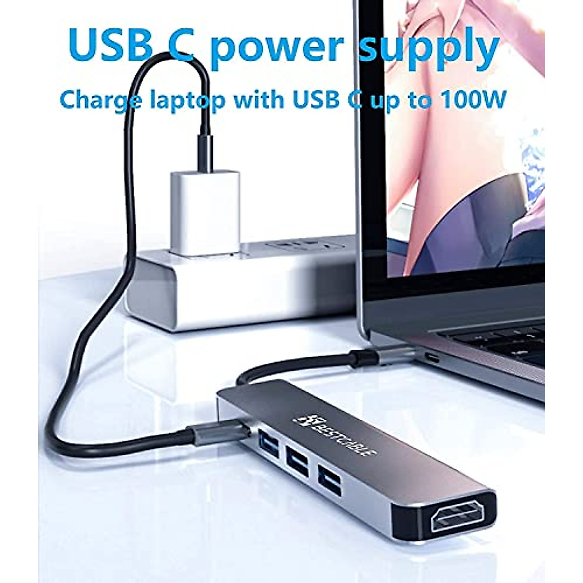 BEST CABLE USB C Hub Multiport Adapter - 5 in 1 Portable with 4K HDMI Output, 3 USB 3.0 Ports,USB C 100W PD, Compatible with MacBook Pro, XPS More USB C Devices (1Pack)