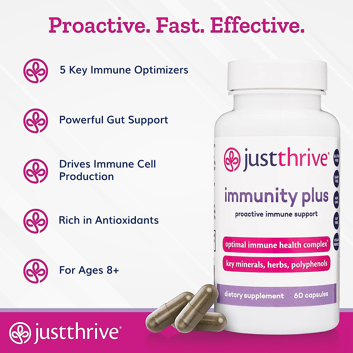 Just Thrive Immunity Plus - Vegan Gut Health and Immune Support Supplement for Kids and Adults, 60 Capsules