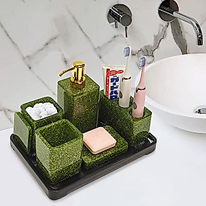 Green Bathroom Accessory Decor Set,5Pcs Premium Resin Bath Accesorios para Baños,Luxury Bling Bathroom Sink Essentials for New Apartment Restroom,Green Toothbrush Holder & Soap Dispenser Set,Giftable