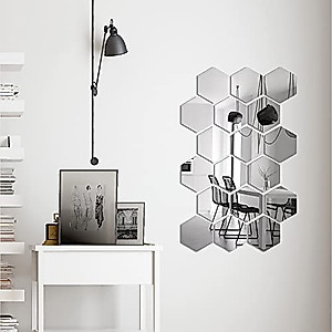 FUNCSDIK Hexagon Mirror Wall Sticker 12 Pieces Acrylic Mirror Three-Dimensional Wall Stickers for Living Room Entrance Hallway Stairs Personalized Decorative Mirror Stickers (Hexagon Mirror)