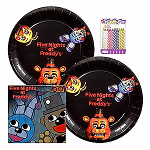 Five Night at Freddy Party Supplies Pack Serves 16: 9inch Plates and Luncheon Napkins with Birthday Candles (Bundle for 16) Black Red Multi Color