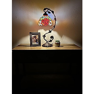 Enjoy Tiffany Style Table Lamp Stained Glass Rose Flowers Iron Metal Leaves Bronze Base Vintage for Living Room Dining Room Bedroom Bedside Office Hotel H21*W11 in