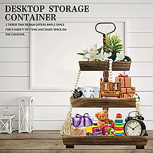 Farmhouse 3 Tiered Serving Tray Décor with Wooden Bead Garland, Large Rectangular Rustic Tiered Cupcake Wood Stand for Home Kitchen Table Fall Halloween Christmas Decoration, Brown