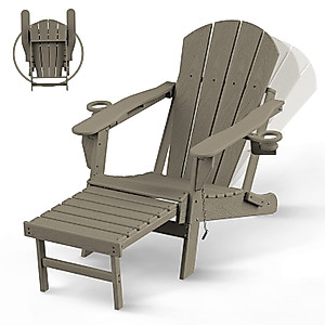 BRIOPAWS Folding Adirondack Chair with Adjustable Backrest & Ottoman, Wood Texture All-Weather HDPE Outdoor Chairs w/Cup Holders & Retractable Footrest for Poolside, Fire Pit, Campfire, Light Brown