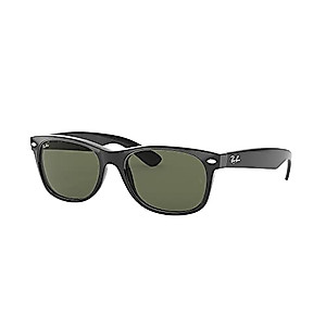 Ray-Ban RB2132F New Wayfarer Low Bridge Fit Square Sunglasses, Black/G-15 Green, 58 mm