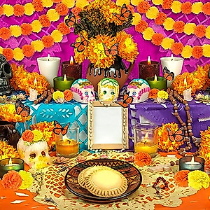 Day of The Dead Decorations Set of 3 Artificial Marigold Garland,30 Marigold Flowers with Stem,6 Butterfly,Dia de Los Muertos Decorations for Halloween Diwali Indian Party