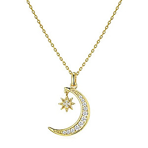 ASGEMSFJ Moon Star Necklace for Women Man, 14K Yellow Gold Plated Moon Pendant Dainty Trendy Chain Necklace Jewelry Gift for Women (yellow gold)