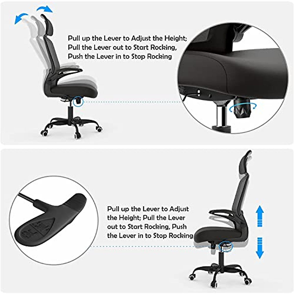 Home Office Desk Chairs, Ergonomic Office Chairs with Flip-up Armrests, Computer Desk Chairs with Lumbar Support, Office Desk Chairs with Rocking Function, Black