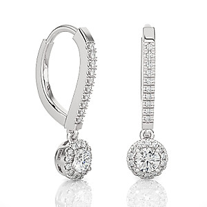 1 Carat Diamond Round Halo Dangle Earrings for Women in 14k White Gold (F-G, SI2-I1, cttw) Leverback by Privosa Fine Jewelry
