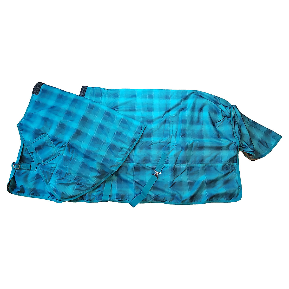 Ankaier 600D Waterproof & Windproof Winter Turnout Horse Blanket with Detachable Neck Hood Covered, High-Grade Thermal Polyfill Materials (250 Grams), Heavy Weight Version- Blue/Grid - 72" inches