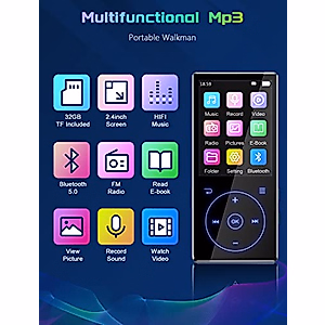 48GB MP3 Player with Bluetooth 5.0: Portable Lossless Sound Music Player with HD Speaker,2.4" Screen Voice Recorder,FM Radio,Touch Buttons,Support up to 64GB for Sport, Earphones Included