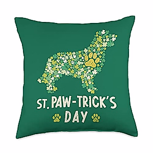 Lucky Green Four Leaf Clover Dog Owners Vintage Funny St Patrick's Day Golden Retriever Shamrock Dog Paw Fun Throw Pillow, 18x18, Multicolor