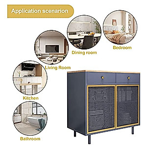 ORRD Modern Buffet Sideboard Cabinet, Iron Rattan Kitchen Accent Storage Cabinet Console Television Table with 2 Doors and 2 Drawers, Buffet Cabinet Accent Cabinet for Living Room Bedroom (Blue)