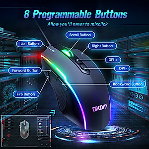 Wired Gaming Mouse, Ergonomic USB Computer Mouse with 8 Programmable Buttons, Optical Game Mouse with 16.8 Million Chroma RGB Backlights and 7 Light Modes, Adjustable 7200DPI for Windows PC Gamers