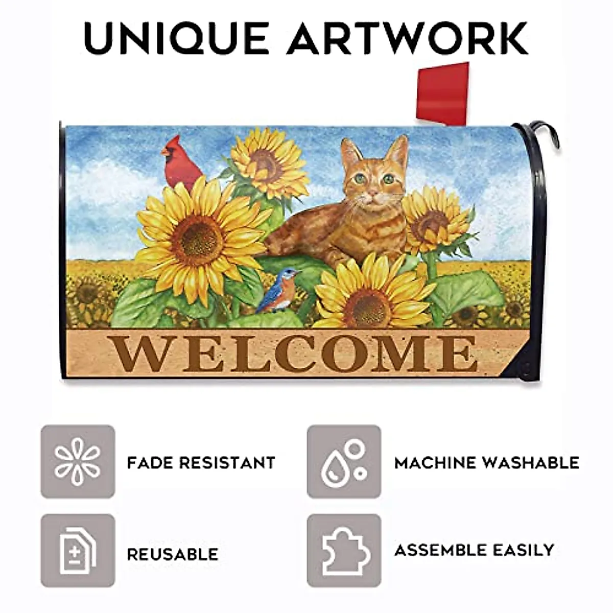 FBCOO Welcome Spring Summer Sunflower Cat Cardinal Mailbox Cover Magnetic Standard Size 21" x 19", Fall Autumn Kitty Tabby Flowers Decorative Post Letter Box Wrap Decor Red Bird Garden Yard Decoration