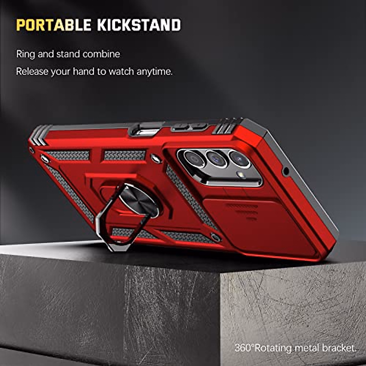 Dretal for Galaxy A14 5G Case, Samsung A14 5G Case + Tempered Glass Screen Protector with Kickstand & Slide Lens Protector Heavy Duty Armor Shockproof Rugged Military Grade Protective Case(Red)