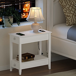 Treocho Side Table with Charging Station, Narrow End Table with Storage, 2-Drawer Nightstand with USB Ports & Power Outlet, White Sofa Bedside Table for Small Spaces, Living Room, Bedroom