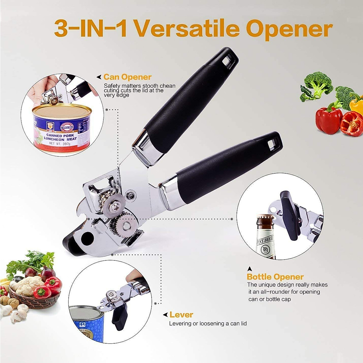 Chirano Can Opener, 3-in-1 Manual Can Openers, Jar Opener and Bottle Opener in One (Black and Silver)