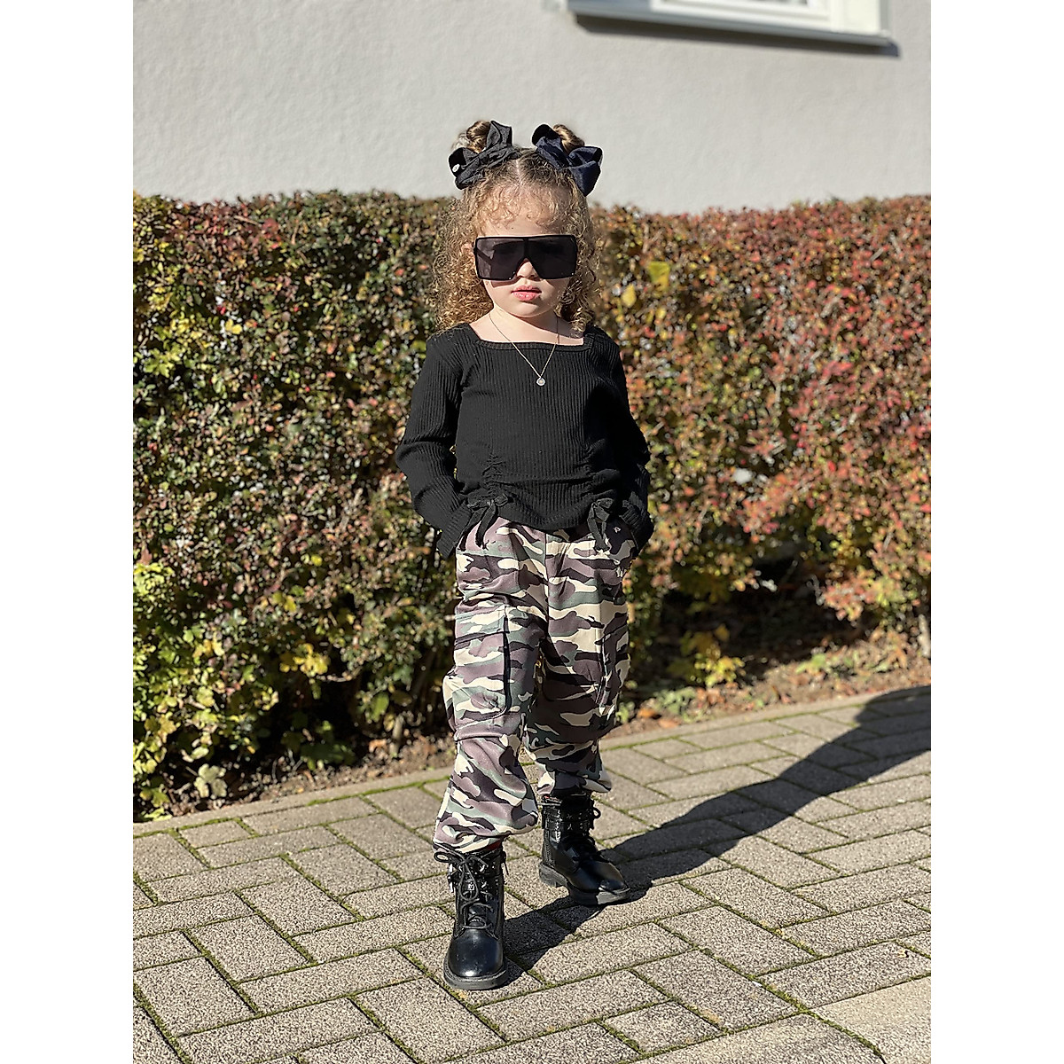 DISAUR Girls Clothes Size 3-4T Months Girl Fall Clothes Long Sleeve Square Neck Shirt Top + Floral Print Pants Girls Outfit Set, Black