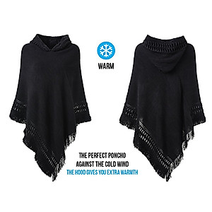 Ferand Ladies' Hooded Cape with Fringed Hem, Crochet Poncho Knitting Patterns for Women, Black
