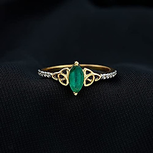 Rosec Jewels Natural Emerald Solitaire Celtic Knot Ring with Diamond, AAA Quality, Certified Emerald Diamond Promise Ring, 14K Yellow Gold, Size:US 7.00