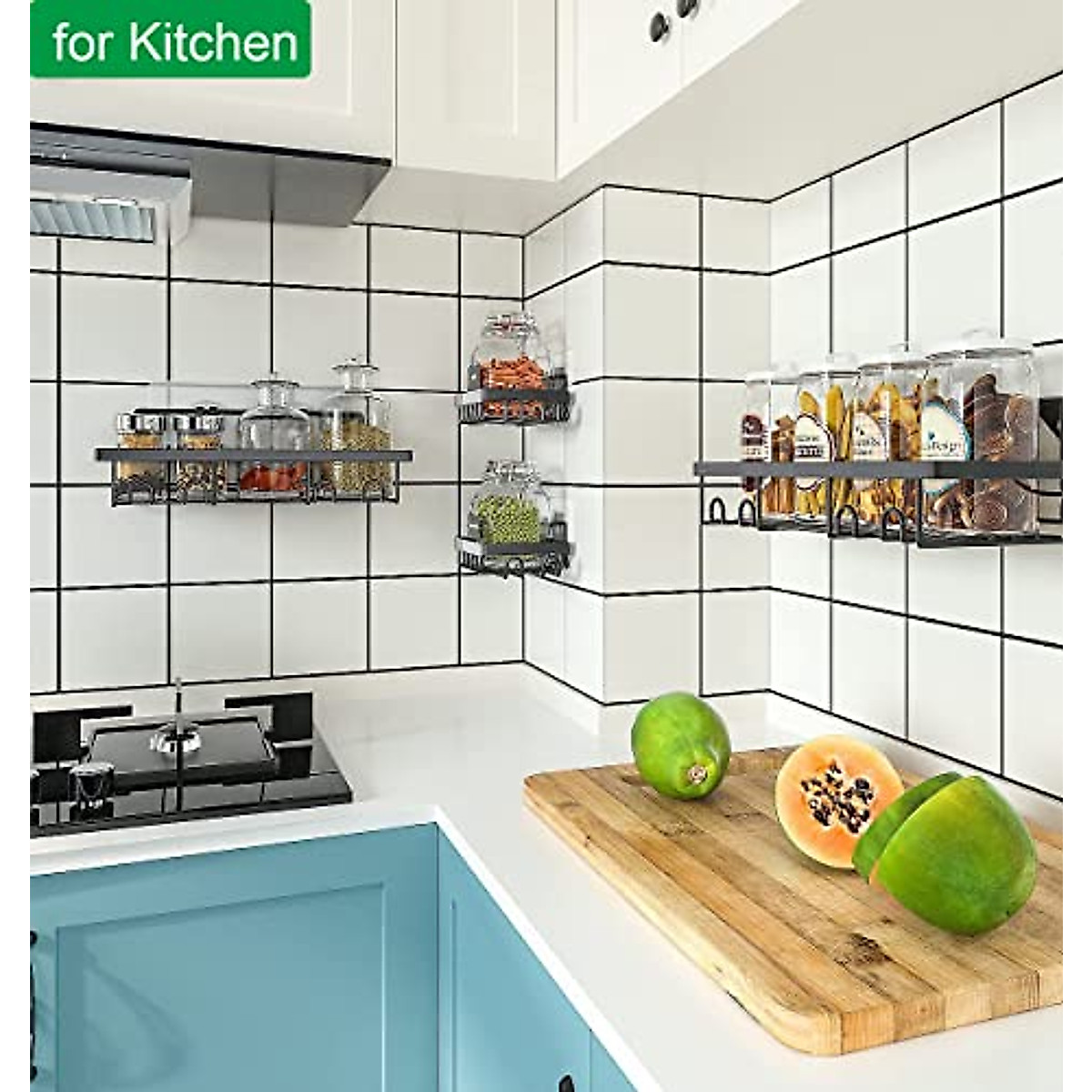 Adhesive Shower Caddy (2 Pack) with 2 Soap Dishes, Shower Shelf with Hooks, No Drilling/ Wall Mounted Shower Rack Rustproof Stainless Steel Shower Organizer for Inside Shower & Kitchen Storage (Black)