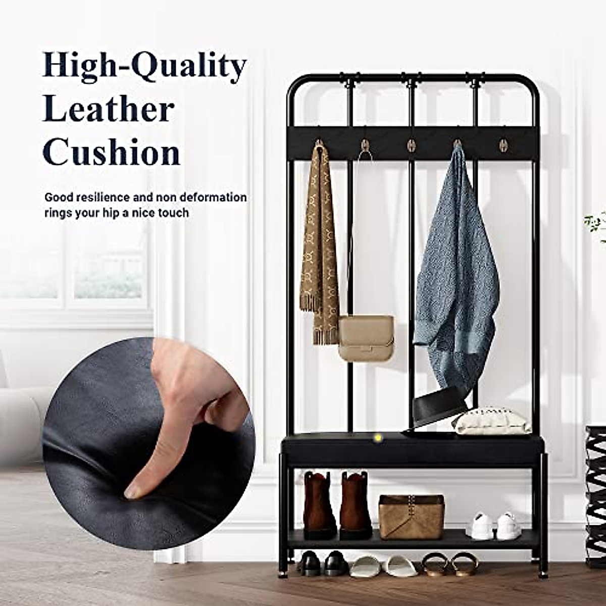 Allewie Coat Rack Shoe Bench, 76" Freestanding Hall Tree, Entryway Bench with Storage Shelves, Upholstered Sponge-Padded Seat, Organized with 5 Hooks, Industrial Accent Furniture, Easy Assembly, Black