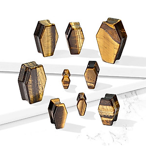 Pierced Owl Natural Tiger Eye Stone Coffin Shaped Double Flared Plug Gauges, Sold as a Pair (25mm (1"))