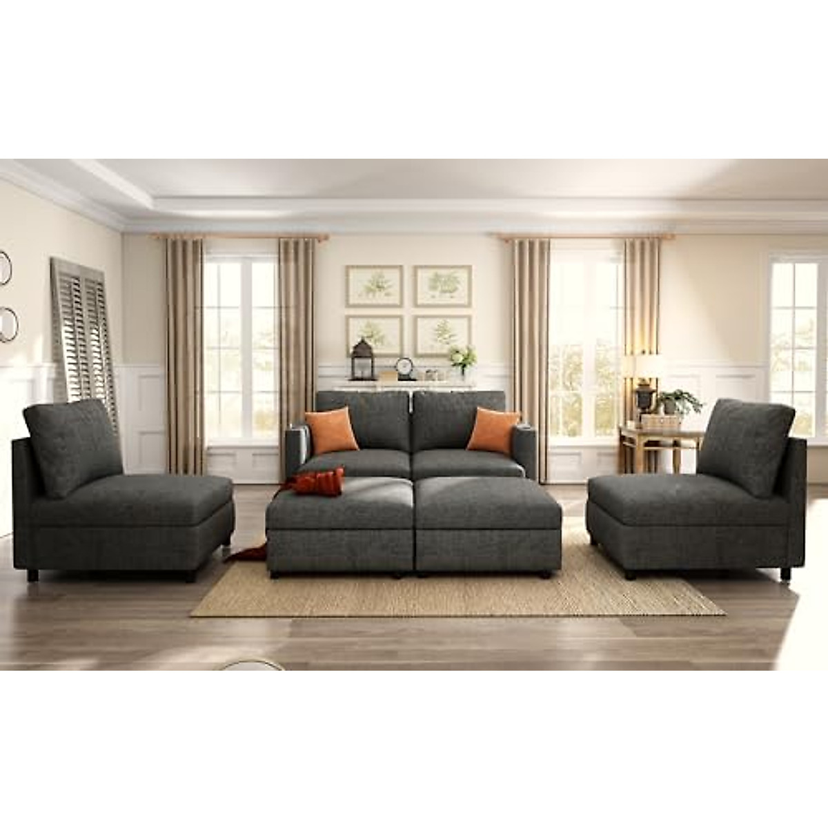 Free Combination Convertible Modular Sectional Sofa with Movable Ottomans and Storage, Oversized Symmetrical U Shaped Reversible Corner Couch with Cupholders, 6 Seat Sofa&Couch Bed for Living Room
