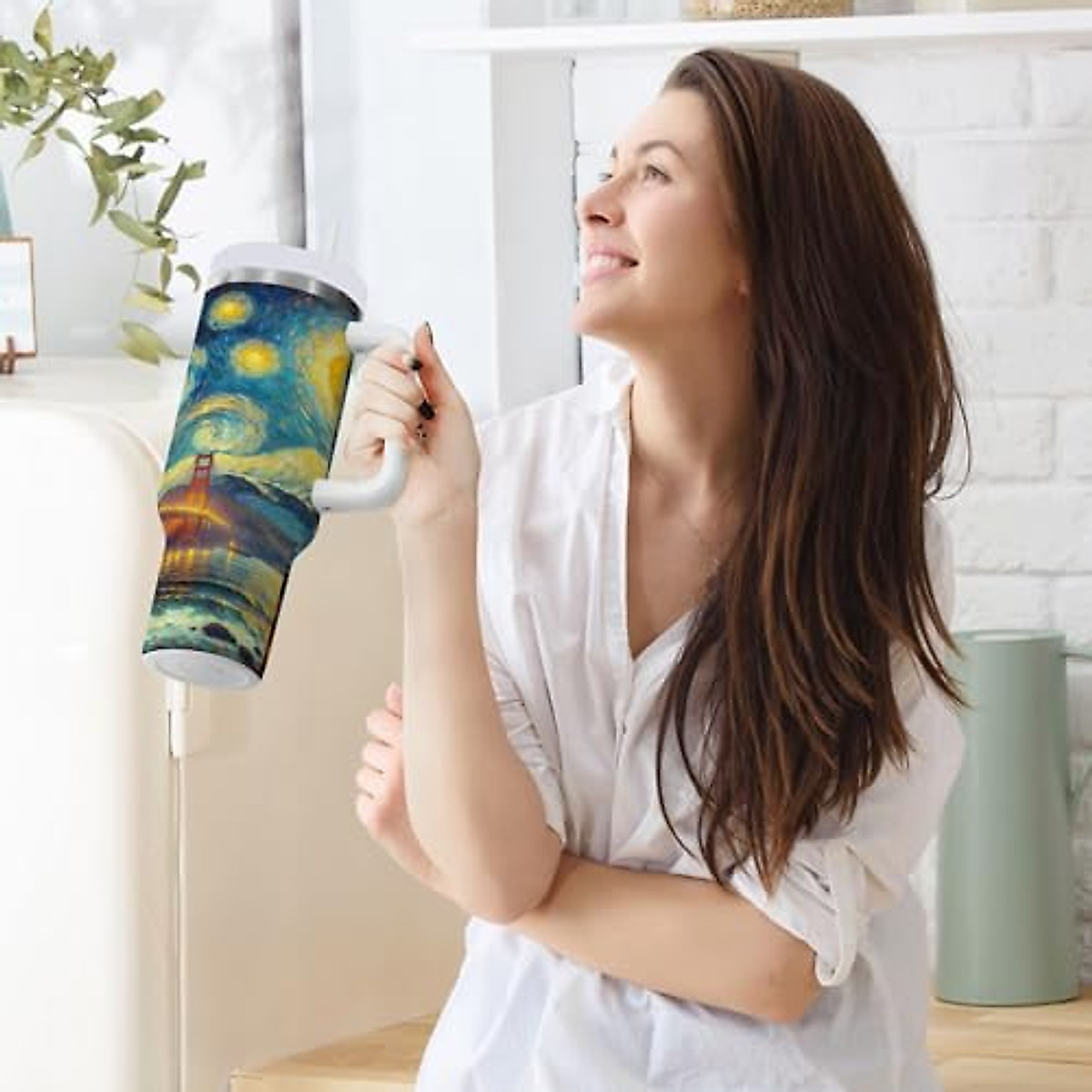 RPLIFE Golden Gate Bridge Starry Night 40oz Tumbler with Handle, Stainless Water Bottle, Insulated Coffee Tumbler