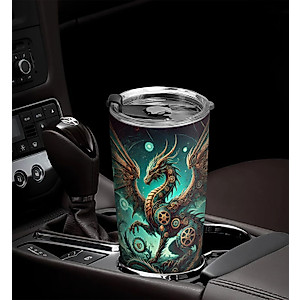64HYDRO 20oz Steampunk Mechanical Dragon Tumbler, Engineer Mechanic Dragons, Gaming, Gamers Gifts for Dragon Lovers, Stainless Steel Double Wall Vacuum Insulated Coffee Mug, Travel Cup with Lid