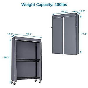VIPEK V12C Heavy Duty Rolling Garment Rack with Cover Clothing Rack for Hanging Clothes Portable Closets with Adjustable 3 Wire Shelving, Double Rods, Freestanding Wardrobe, Black Rack with Grey Cover
