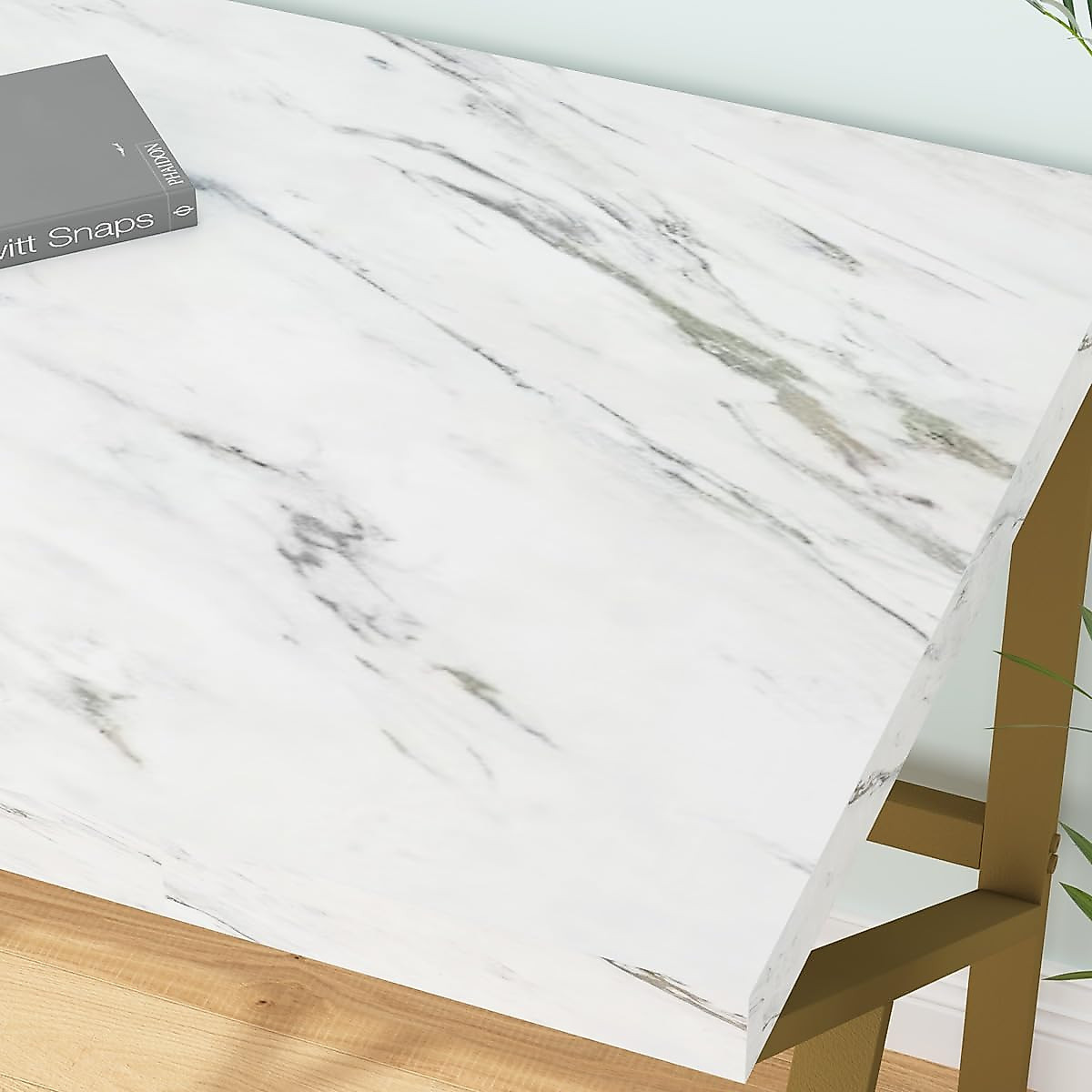 HSH White Faux Marble and Gold Desk, Modern Home Office Executive PC Laptop Computer Desk, Farmhouse Writing Study Work Gaming Table for Bedroom Living Room, Simple Metal Wood Workstation, 55 Inch