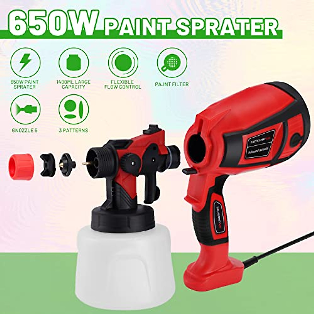 Paint Sprayer 650W HVLP Electric Paint Spray Gun， with 5 Copper Nozzles & 3 Patterns, 1400ml Container，a Goggle，A Pair of Gloves，Spray Gun for House Painting, Fence，Furniture, Wall, DIY Works (RED)