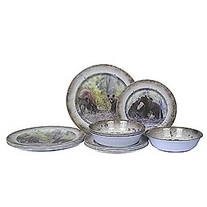 Melamine Dinnerware set for 4 - Dinner Plates Bowls Set 12 PCS Durable BPA Free Dishwasher Safe Shatter-Proof Chip Resistant for Indoor Outdoor, Bear