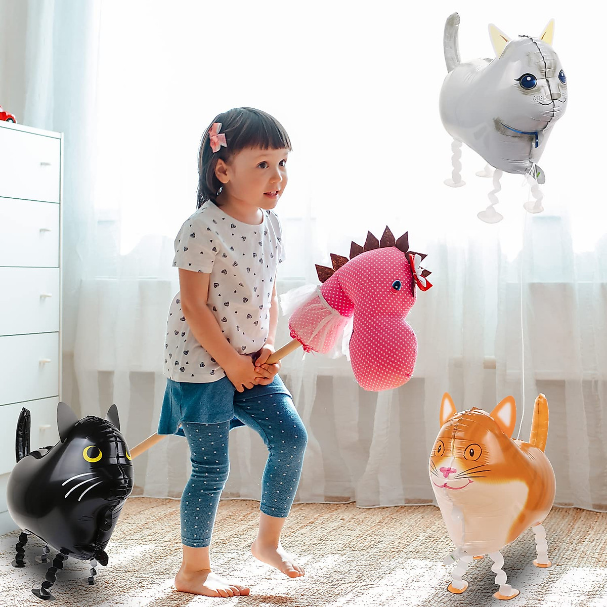 CCOZN 9 Pcs Walking Cat Balloons, Cat Mylar Balloon with 3 Ribbons Walking Animal Balloons Foil Long Balloons for Cat Theme Birthday Party Decorations Walking Cat Balloons Birthday Party Supplies