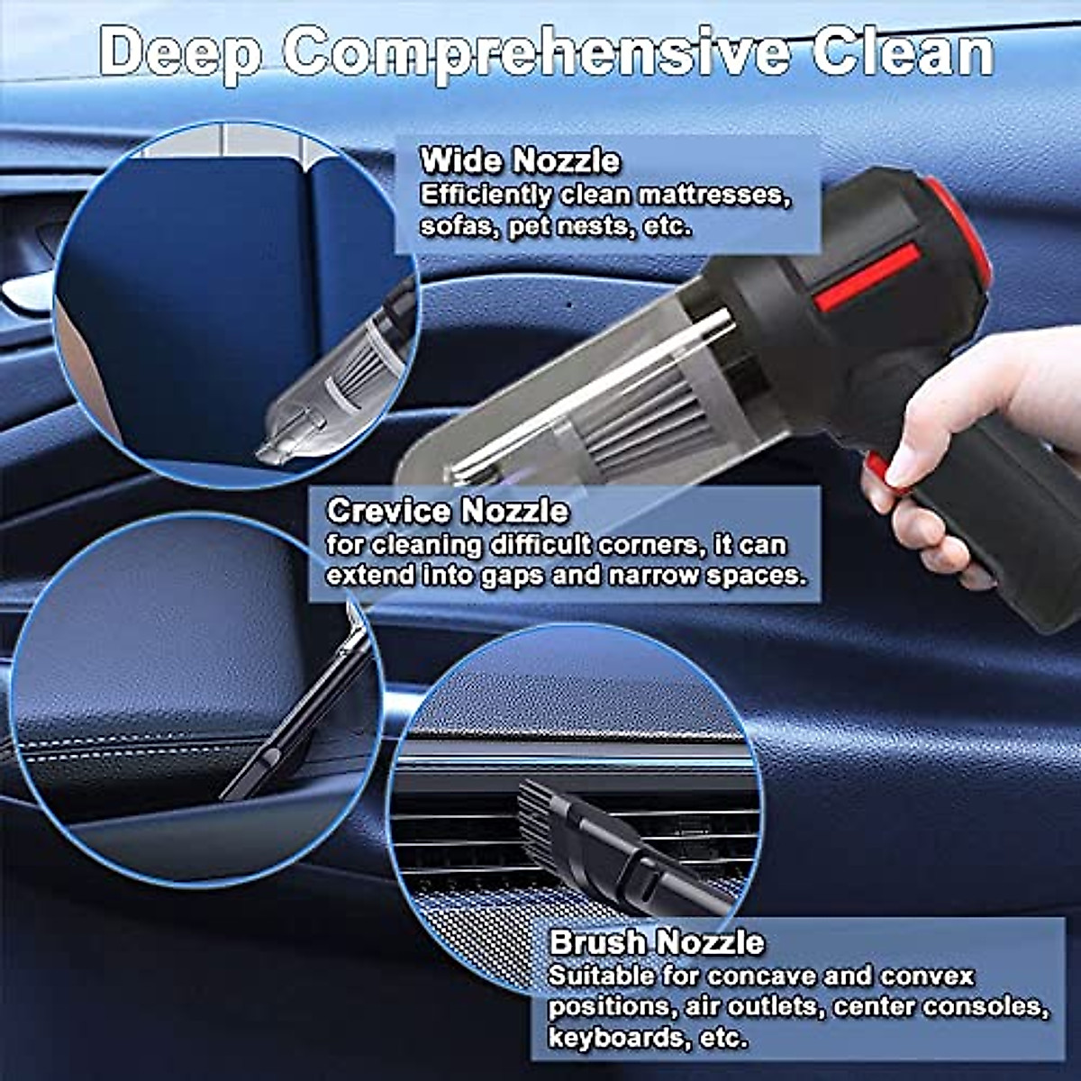 ADPTOYU 3-in-1 Portable Small Cordless handheld Vacuum Cleaner Rechargeable with 9000PA Powerful Suction for Car/Office/Home, Extension Function to inflate/Deflate for Swimming Ring/Vacuum Storage Bag
