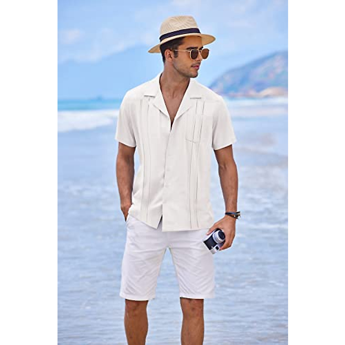 COOFANDY Men's Short Sleeve Button Down Shirts Linen Casual Shirts for Summer Beach Vacation Wear White